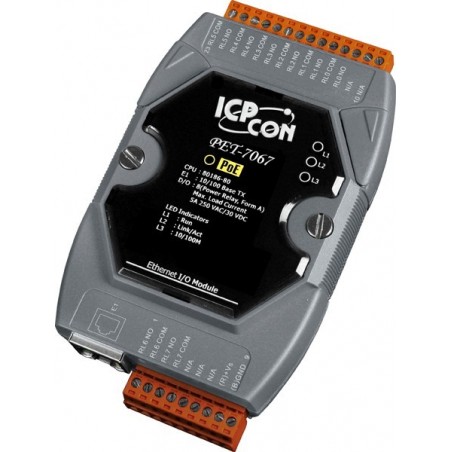 8 x Power relé COM NO, 24VDC / 250VAC 5A, 1 x RJ45 Ethernet Modbus