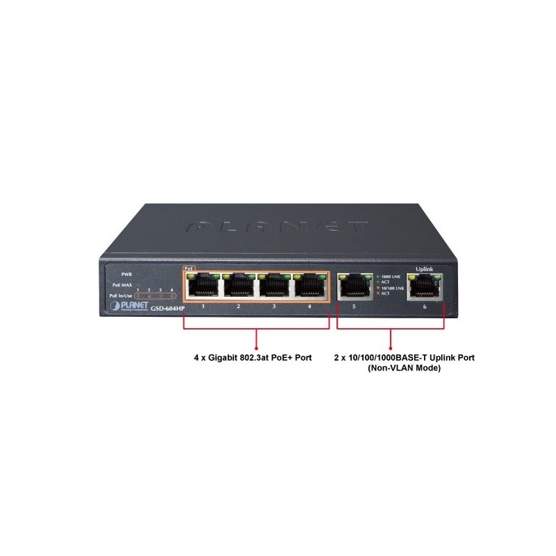 6 port switch 4 x 10/100 / 1000Mbit RJ45 PoE + 2 x 10/100 / 1000Mbit ...